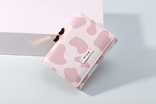 Sunwel Fashion Girls Cute Cow Print Kiss Lock Coin Pouch Tri-folded Wallet Small Wallet Cash Pocket Card Holder ID Window Purse for Women