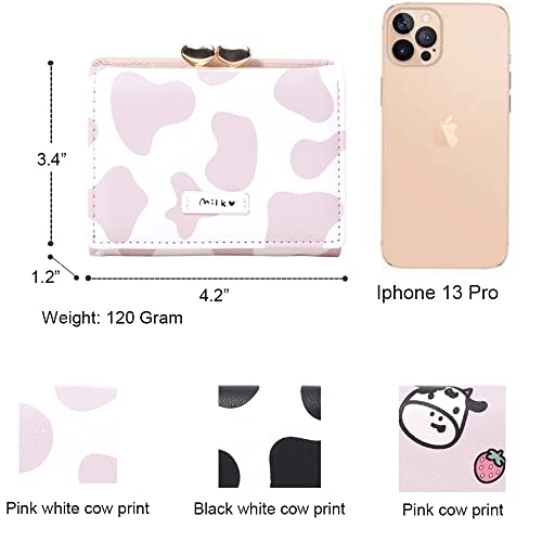 Sunwel Fashion Girls Cute Cow Print Kiss Lock Coin Pouch Tri-folded Wallet Small Wallet Cash Pocket Card Holder ID Window Purse for Women