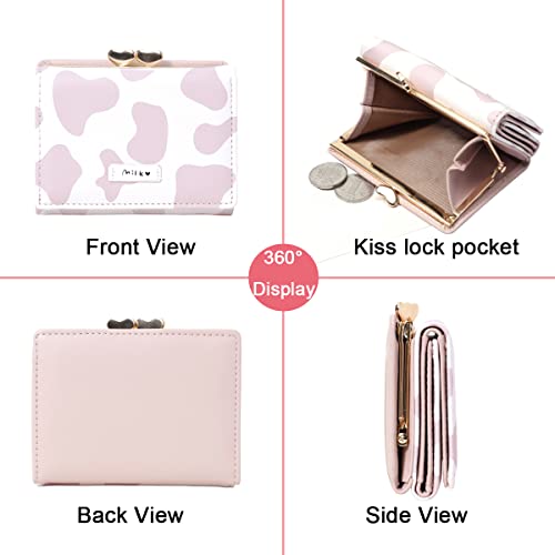 Sunwel Fashion Girls Cute Cow Print Kiss Lock Coin Pouch Tri-folded Wallet Small Wallet Cash Pocket Card Holder ID Window Purse for Women