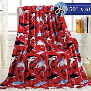 Elegant Comfort Lightweight Printed Throw Blanket- All Season, Ultra Soft, Cozy and Plush- Decorative Throw Blankets, Perfect for Lounging, 50 x 60 inches, Red Shark, Throw Blanket