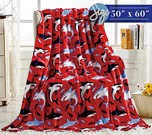 Elegant Comfort Lightweight Printed Throw Blanket- All Season, Ultra Soft, Cozy and Plush- Decorative Throw Blankets, Perfect for Lounging, 50 x 60 inches, Red Shark, Throw Blanket