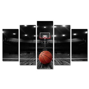 derkymo 5 pieces basketball court pictures for bedroom black and white canvas wall art sports painting prints artwork for living room boys room stretched and framed ready to hang 24″x40″(5 pieces)