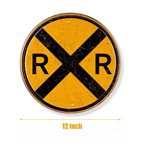 Framendino, Railroad Crossing Tin Sign Metal Tin Traffic Sign Wall Decor Rail Road Round Symbol Sign 12 Inch