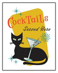 mid century modern no.21 wall art print – 11×14 unframed retro boho aesthetic kitchen, bar decor. atomic cat with martini “cocktails served here”