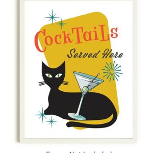 Mid Century Modern No.21 Wall Art Print - 11x14 UNFRAMED Retro Boho Aesthetic Kitchen, Bar Decor. Atomic Cat with Martini “Cocktails Served Here”