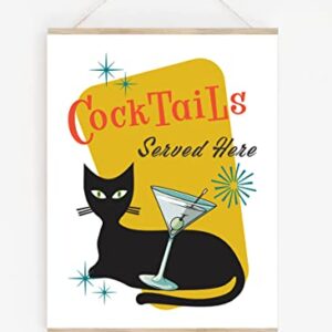 Mid Century Modern No.21 Wall Art Print - 11x14 UNFRAMED Retro Boho Aesthetic Kitchen, Bar Decor. Atomic Cat with Martini “Cocktails Served Here”