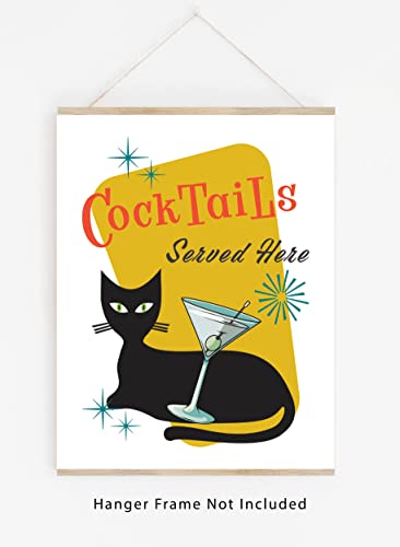 Mid Century Modern No.21 Wall Art Print - 11x14 UNFRAMED Retro Boho Aesthetic Kitchen, Bar Decor. Atomic Cat with Martini “Cocktails Served Here”