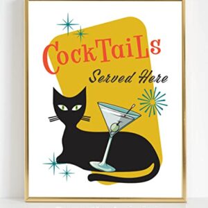 Mid Century Modern No.21 Wall Art Print - 11x14 UNFRAMED Retro Boho Aesthetic Kitchen, Bar Decor. Atomic Cat with Martini “Cocktails Served Here”