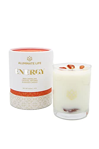 Aluminate Life Luxury Glass Jar Candle, Energy - Red Carnelian Crystal Infused - Scents of Lemon, Grapefruit, & Bergamot - Passion, Confidence, & Vitality - Coconut Wax, Essential Oils, Dr. Developed