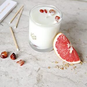 Aluminate Life Luxury Glass Jar Candle, Energy - Red Carnelian Crystal Infused - Scents of Lemon, Grapefruit, & Bergamot - Passion, Confidence, & Vitality - Coconut Wax, Essential Oils, Dr. Developed