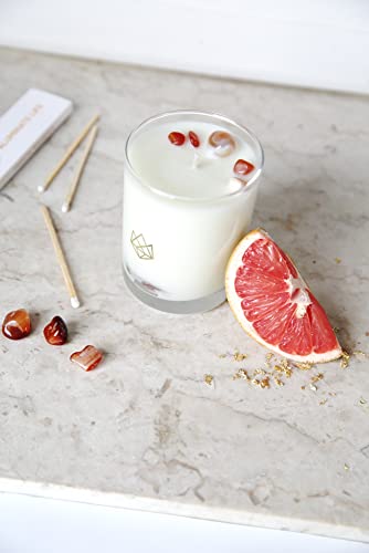 Aluminate Life Luxury Glass Jar Candle, Energy - Red Carnelian Crystal Infused - Scents of Lemon, Grapefruit, & Bergamot - Passion, Confidence, & Vitality - Coconut Wax, Essential Oils, Dr. Developed