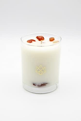 Aluminate Life Luxury Glass Jar Candle, Energy - Red Carnelian Crystal Infused - Scents of Lemon, Grapefruit, & Bergamot - Passion, Confidence, & Vitality - Coconut Wax, Essential Oils, Dr. Developed