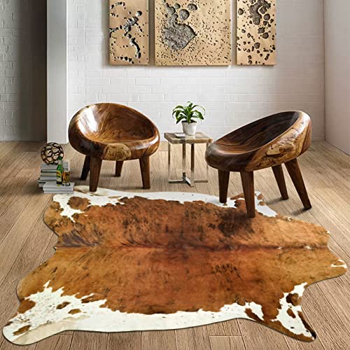 DweIke Faux Cowhide Rug 5.2ft x 6.2ft/158x190cm, Large Size Faux Fur Animal Cow Print Carpet for Bedroom, Living Room, Office, Home Decor Mat, Cowhide Rug, Brown