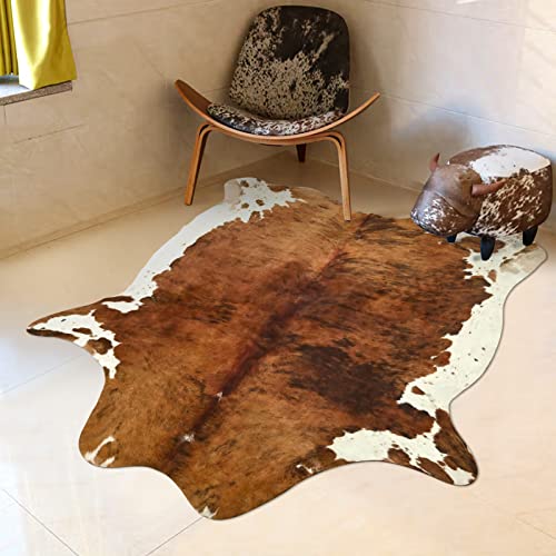 DweIke Faux Cowhide Rug 5.2ft x 6.2ft/158x190cm, Large Size Faux Fur Animal Cow Print Carpet for Bedroom, Living Room, Office, Home Decor Mat, Cowhide Rug, Brown