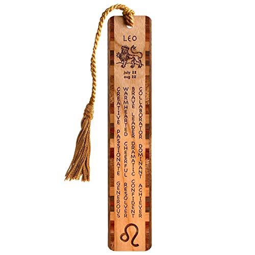 Leo Zodiac Sign Artwork and Positive Personality Traits Engraved Wooden Bookmark with Tassel - Made in USA - Also Available Personalized