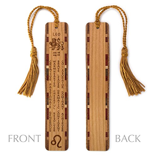 Leo Zodiac Sign Artwork and Positive Personality Traits Engraved Wooden Bookmark with Tassel - Made in USA - Also Available Personalized