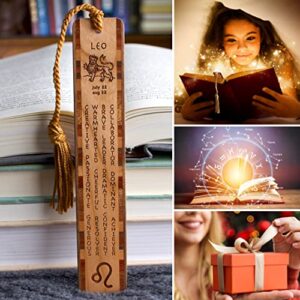 Leo Zodiac Sign Artwork and Positive Personality Traits Engraved Wooden Bookmark with Tassel - Made in USA - Also Available Personalized