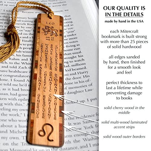 Leo Zodiac Sign Artwork and Positive Personality Traits Engraved Wooden Bookmark with Tassel - Made in USA - Also Available Personalized