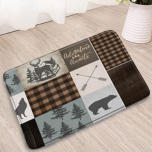 Cabin Bathroom Mat Retro Rustic Lodge Bear Moose Deer Elk Wolf Forest Adventure Awaits Buffalo Plaid Country Hunting Style Home Kitchen Flannel Non-Slip Rug Doorway Welcome Carpet 29.5x17.7inch