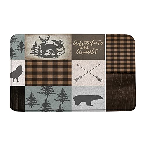 Cabin Bathroom Mat Retro Rustic Lodge Bear Moose Deer Elk Wolf Forest Adventure Awaits Buffalo Plaid Country Hunting Style Home Kitchen Flannel Non-Slip Rug Doorway Welcome Carpet 29.5x17.7inch