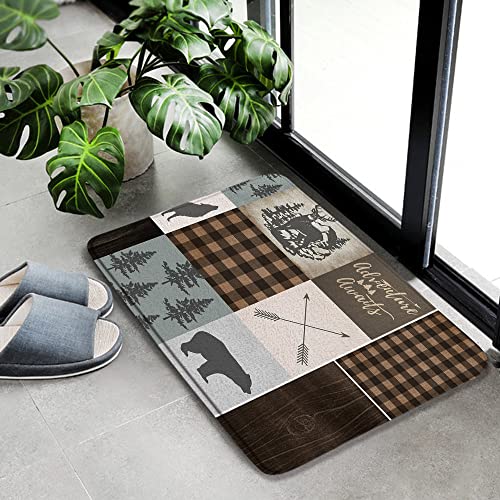 Cabin Bathroom Mat Retro Rustic Lodge Bear Moose Deer Elk Wolf Forest Adventure Awaits Buffalo Plaid Country Hunting Style Home Kitchen Flannel Non-Slip Rug Doorway Welcome Carpet 29.5x17.7inch