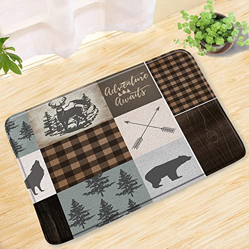 Cabin Bathroom Mat Retro Rustic Lodge Bear Moose Deer Elk Wolf Forest Adventure Awaits Buffalo Plaid Country Hunting Style Home Kitchen Flannel Non-Slip Rug Doorway Welcome Carpet 29.5x17.7inch