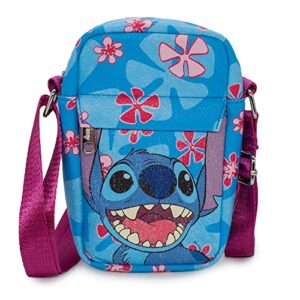 buckle down disney bag, cross body, lilo, stitch smiling closeup with flowers, blues, vegan leather, lilo & stitch