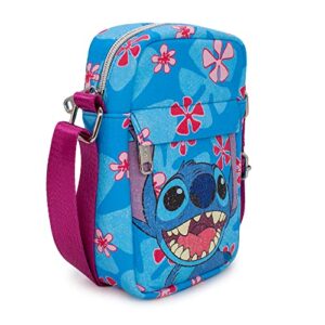 Buckle Down Disney Bag, Cross Body, Lilo, Stitch Smiling Closeup with Flowers, Blues, Vegan Leather, Lilo & Stitch