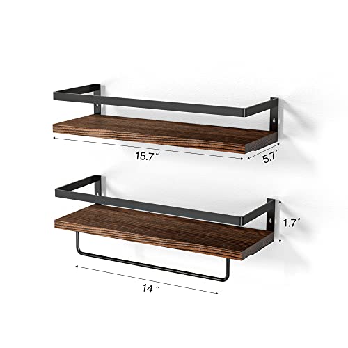 homehours Floating Shelves Wall Shelves for Bathroom Kitchen Bedroom Shelf with Hanging Towel Bar 2 Sets. (Rustic Brown)