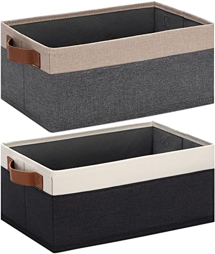 GhvyenntteS Storage Baskets for Organizing, Fabric Storage Bins with Leather Handles, Foldable Rectangular Storage Baskets for Shelves, Closets, Home, Office, Empty Gift Baskets (Black/White & Grey/Be