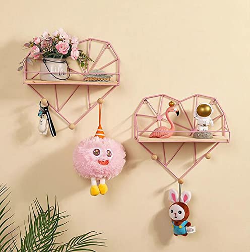 Metal Wall Floating Shelf Hanging Shelf Wall Decor Shelving Storage Organizer with 3 Hooks Heart Shaped Shelf Wall Storage Shelves for Farmhouse,Bedroom,Living Room, Kitchen,Bathroom Decor (Pink)