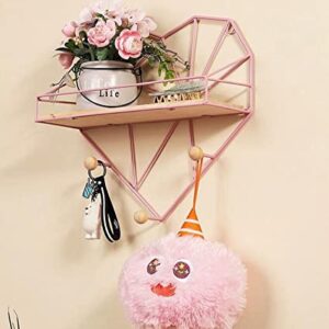 Metal Wall Floating Shelf Hanging Shelf Wall Decor Shelving Storage Organizer with 3 Hooks Heart Shaped Shelf Wall Storage Shelves for Farmhouse,Bedroom,Living Room, Kitchen,Bathroom Decor (Pink)