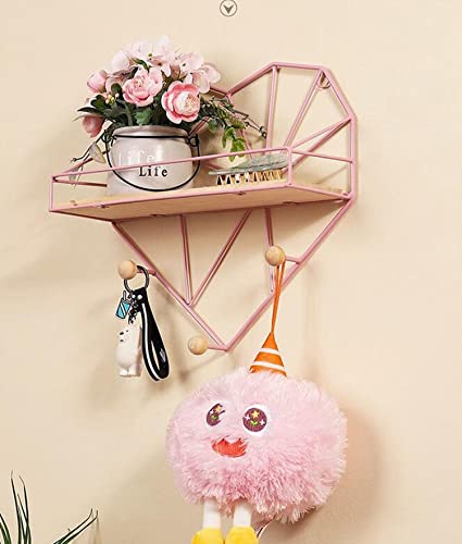 Metal Wall Floating Shelf Hanging Shelf Wall Decor Shelving Storage Organizer with 3 Hooks Heart Shaped Shelf Wall Storage Shelves for Farmhouse,Bedroom,Living Room, Kitchen,Bathroom Decor (Pink)