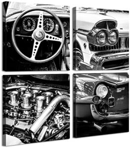 djsylife black and white wall art vintage car posters decor mens bedroom boys room office paintings canvas pictures framed ready to hang 12″ w×12″ h×4 pcs