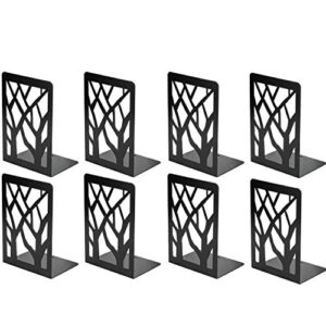 maxgear book ends tree design modern bookends for shelves, non-skid bookend, heavy duty metal book stopper for books/cds, decorative book shelf for home, 7 x 4.7 x 3.5”, black (4 pair/8 pieces, large)