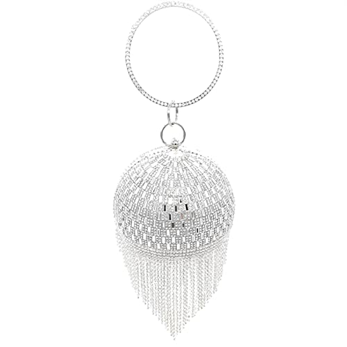 Woman Sliver Glitter Sparkly Tassel Bling Crossbody Chian Luxury Round Ball Bags Crystal Ladies Evening Bag Clutch Purse Diamond Wedding Party Purses Handbags for Women