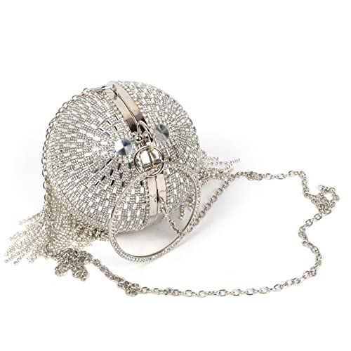 Woman Sliver Glitter Sparkly Tassel Bling Crossbody Chian Luxury Round Ball Bags Crystal Ladies Evening Bag Clutch Purse Diamond Wedding Party Purses Handbags for Women