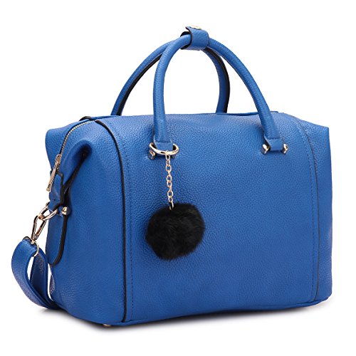 Dasein Women Satchel Purse with Pompom Faux Leather Barrel Purse Shoulder Bag