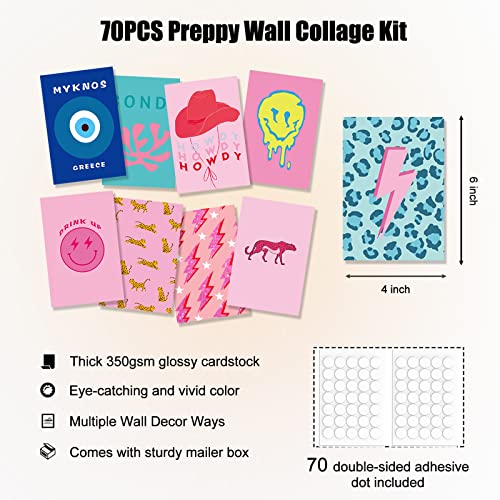 Preppy Room Decor, 70pcs Preppy Wall Collage Kit Aesthetic Pictures, Cute Preppy Wall Decor, Trendy Pink Photo Collage Kit 4"x6" Hot Pink Preppy Wall Art Posters, Preppy Things for Teen Girls Bedroom Dorm