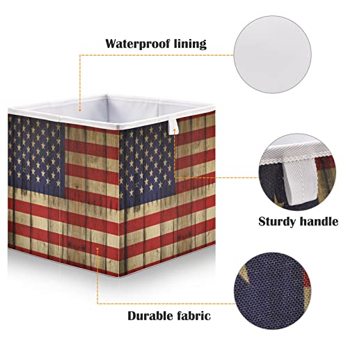 QUGRL Grunge American Flag Cube Storage Bins Organizer Stackable Usa Wood Clothes Storage Basket Box for Shelves Closet Cabinet Office Dorm Bedroom 11x11 in