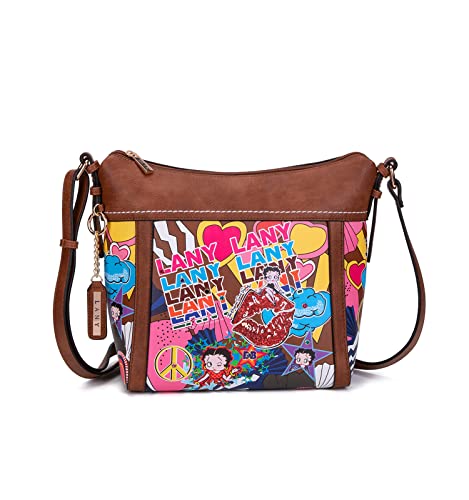 LuxeBag Betty Boop Pop Star Lip Faux Leather Crossbody Bag (Brown: Cowhide)