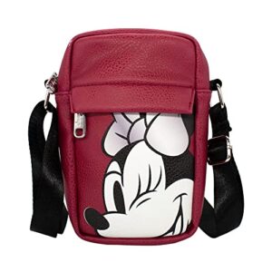 buckle down disney bag, cross body, minnie mouse winking face close up and text, red, vegan leather