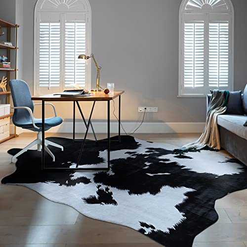 rugoo Black Faux Cowhide Rug 8.3 ft x 6.2 ft Cow Print Rug Faux Animal Skin Rug for Living Room Bedroom Nursery