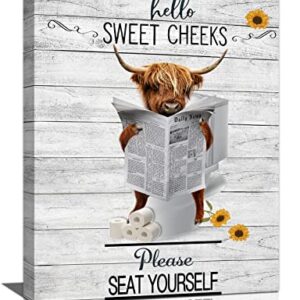 SWACHIT Funny Highland Cow Bathroom Wall Art Highland Cattle Bathroom Wall Decor Cow on Toilet Pictures for Wall Farmhouse Bathroom