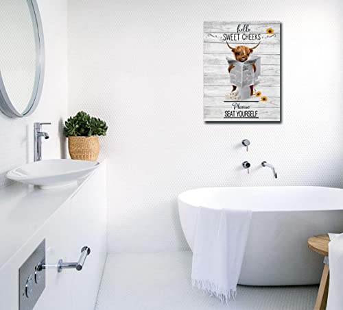 SWACHIT Funny Highland Cow Bathroom Wall Art Highland Cattle Bathroom Wall Decor Cow on Toilet Pictures for Wall Farmhouse Bathroom