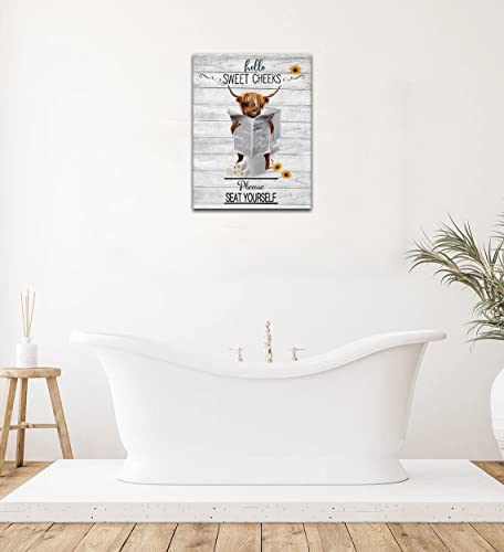 SWACHIT Funny Highland Cow Bathroom Wall Art Highland Cattle Bathroom Wall Decor Cow on Toilet Pictures for Wall Farmhouse Bathroom