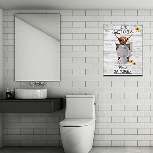 SWACHIT Funny Highland Cow Bathroom Wall Art Highland Cattle Bathroom Wall Decor Cow on Toilet Pictures for Wall Farmhouse Bathroom