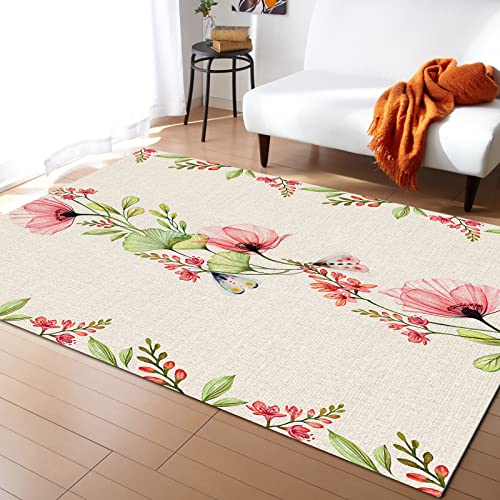 Indoor Area Rug, Red Teal Spring Floral Non Slip Carpet Pad Bathroom Mat, Rustic Summer Flowers Burlap Kitchen Runner Area Rug for Bedroom/Living Room/Kids Room 5'x7'