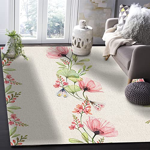 Indoor Area Rug, Red Teal Spring Floral Non Slip Carpet Pad Bathroom Mat, Rustic Summer Flowers Burlap Kitchen Runner Area Rug for Bedroom/Living Room/Kids Room 5'x7'