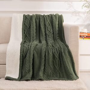 RECYCO Acrylic Cable Knit Sherpa Throw Blanket for Couch, Thick Super Soft Cozy Knit Blanket Sweater Style Sherpa Knitted Throw Blankets for Bed Sofa Chair, 50 x 60 Inches, Forest Green